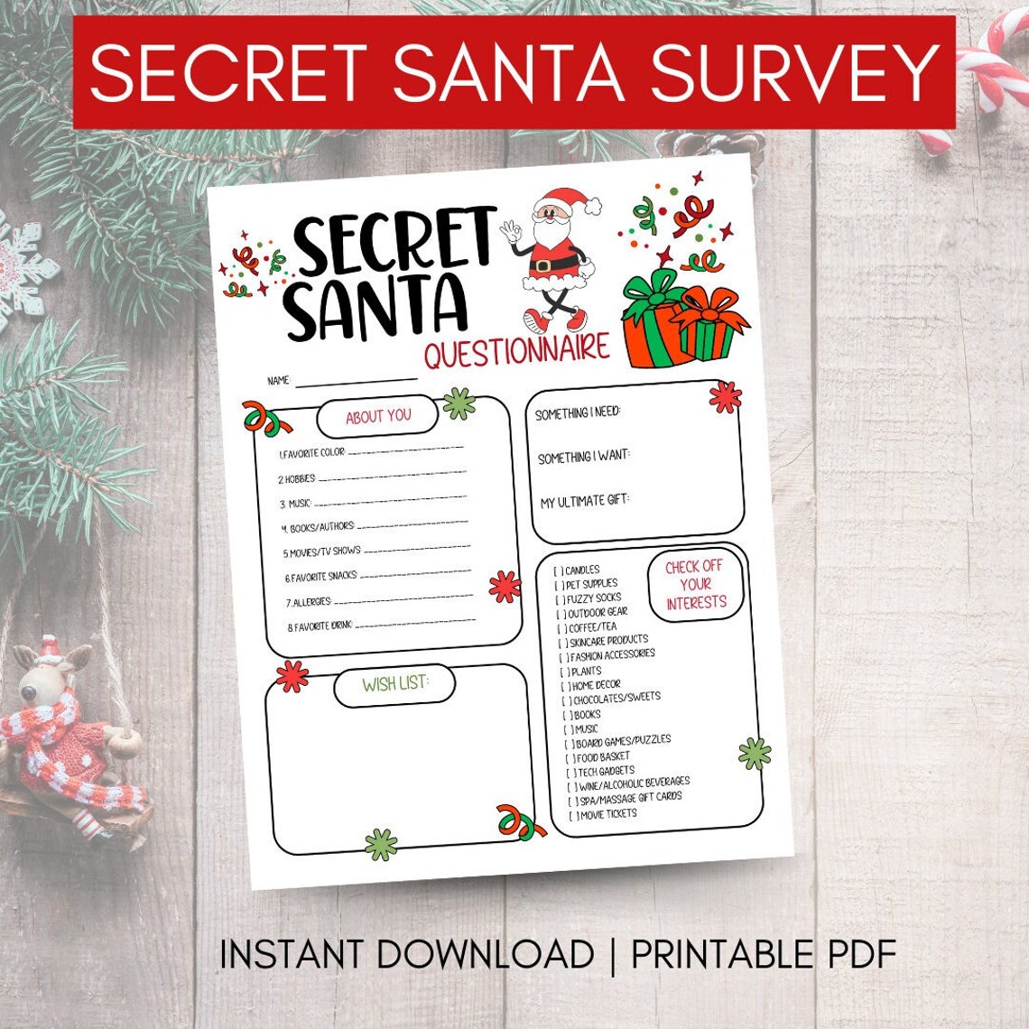 Printable Secret Santa Questionnaire, Secret Santa Survey, Christmas ...