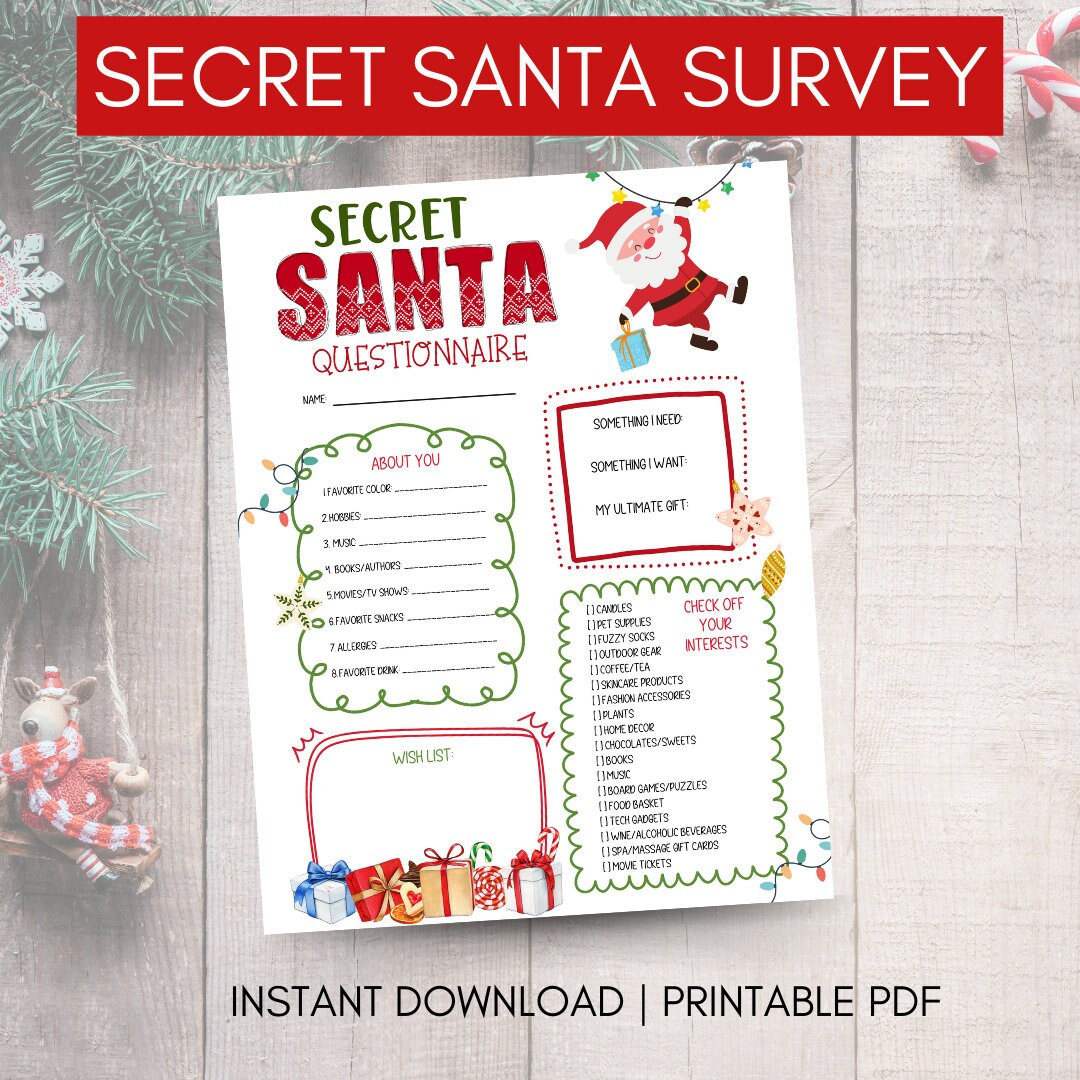Secret Santa Survey, Secret Santa Questionnaire, Christmas Party, Work ...