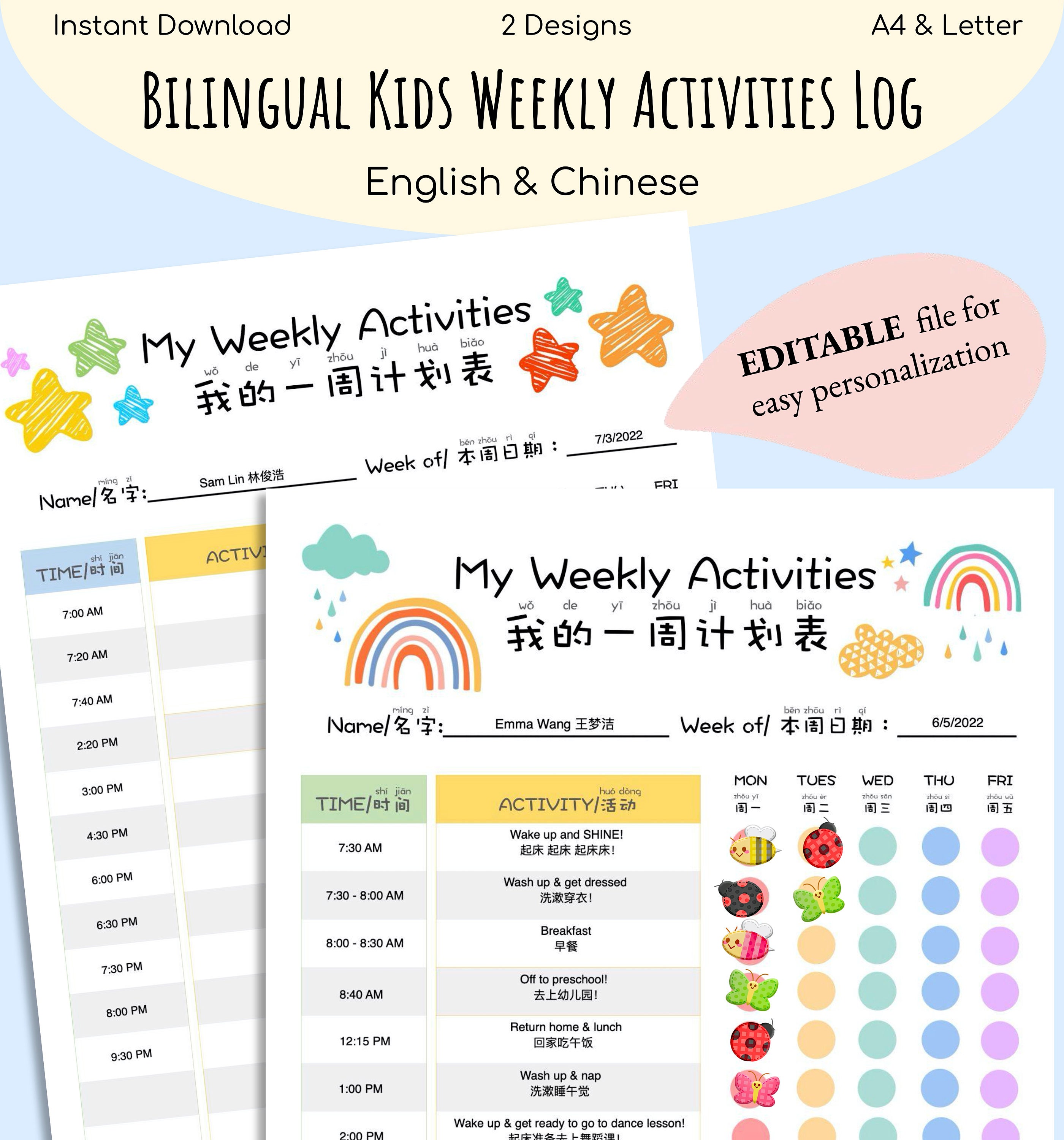 Bilingual Kids Weekly Planner Printable | Daily Activities Log ...