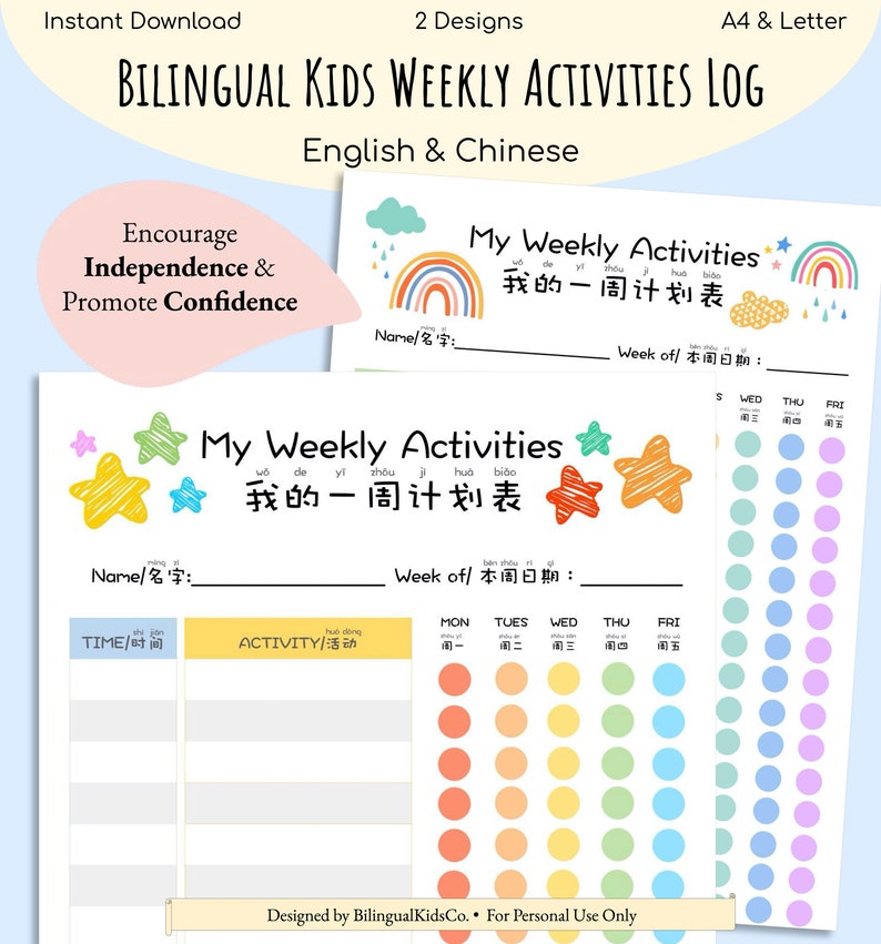 Bilingual Kids Weekly Planner Printable | Daily Activities Log ...