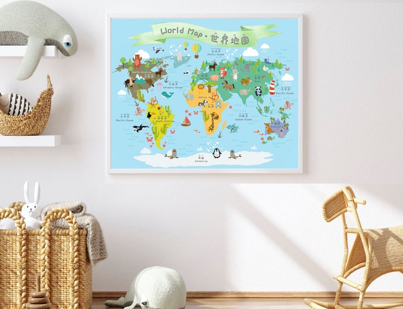 Kids World Map Poster | Learn Chinese |kids Educational Poster |chinese ...