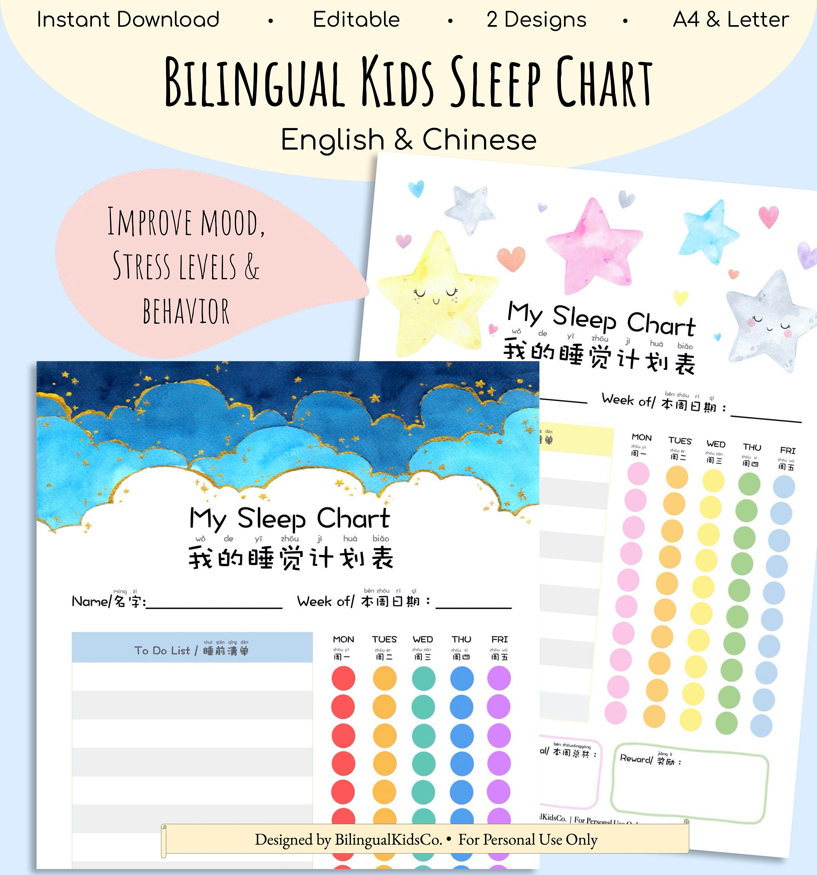 Bilingual Kids Sleep Chart Printable | Editable PDF | Preschool Routine ...