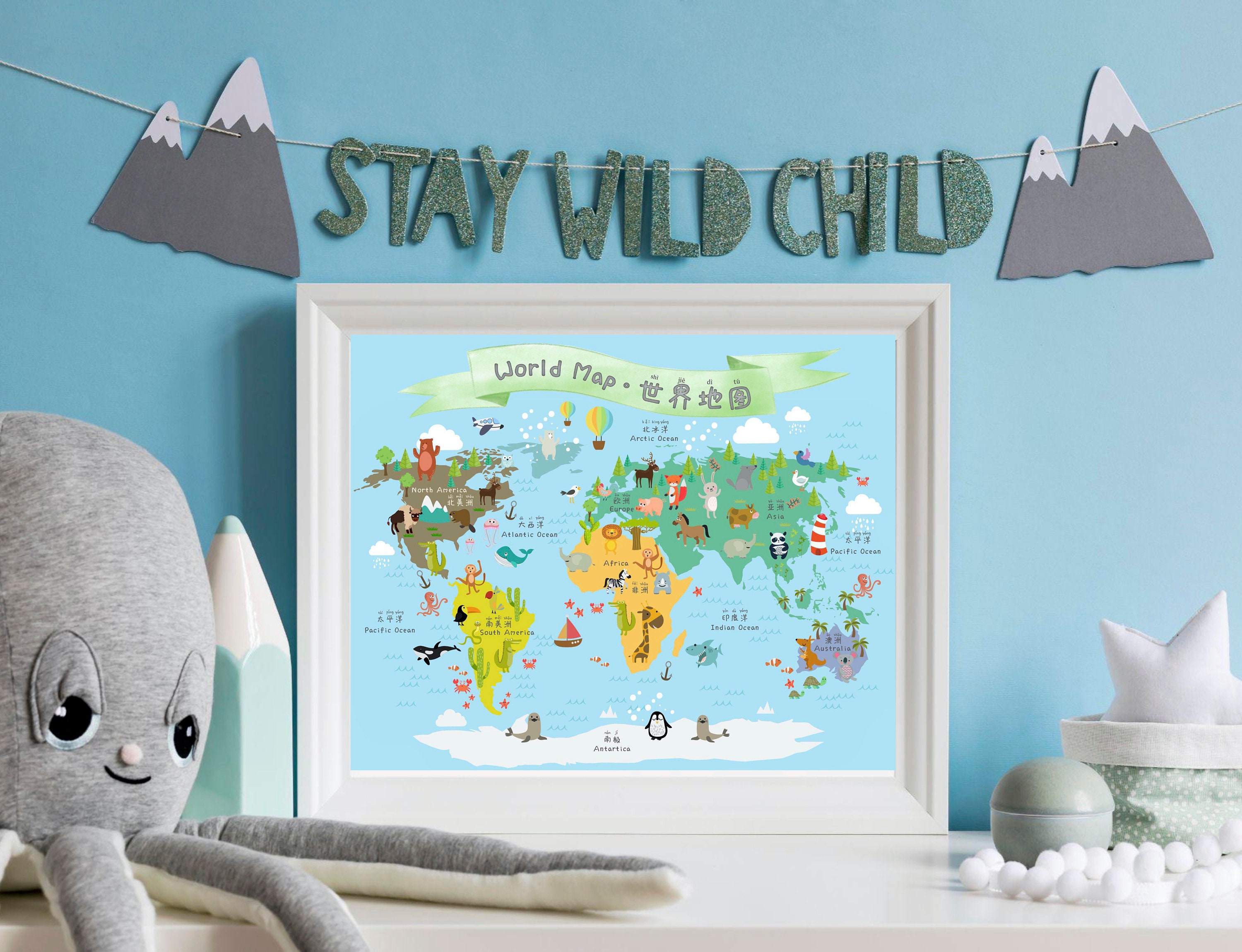 Kids World Map Poster | Learn Chinese |kids Educational Poster |chinese ...