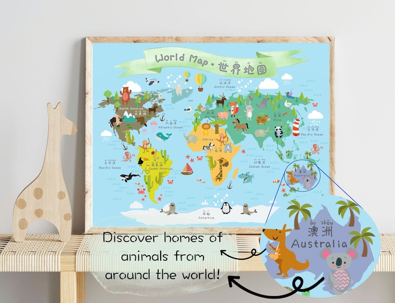 Kids World Map Poster | Learn Chinese |kids Educational Poster |chinese ...