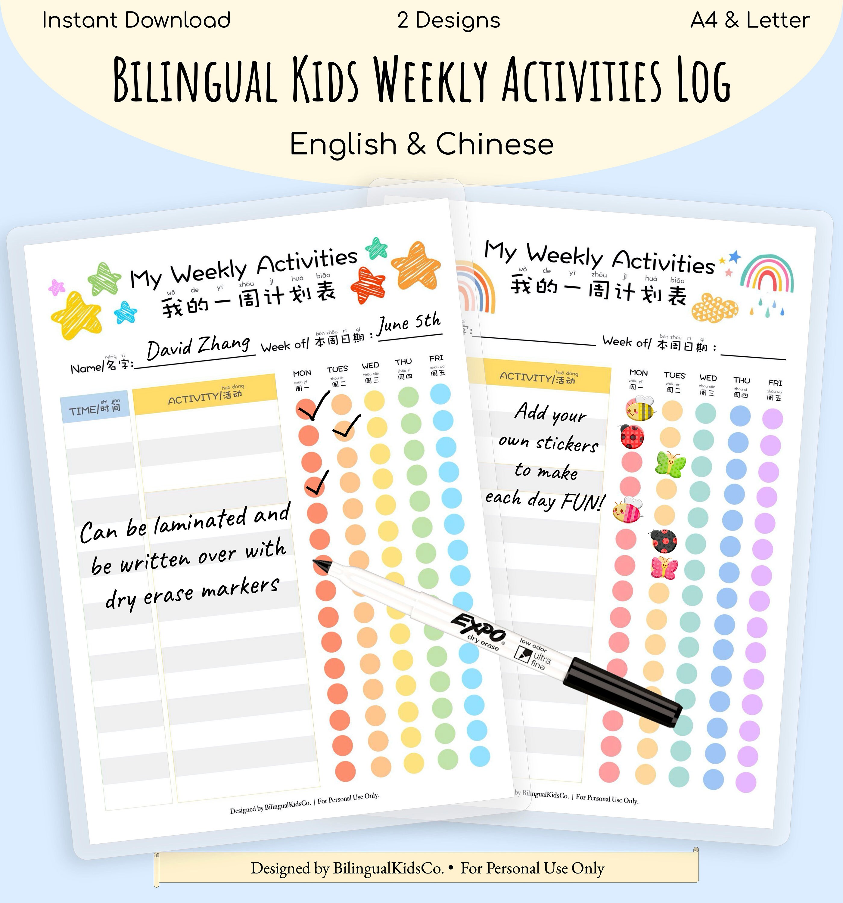 Bilingual Kids Weekly Planner Printable | Daily Activities Log ...