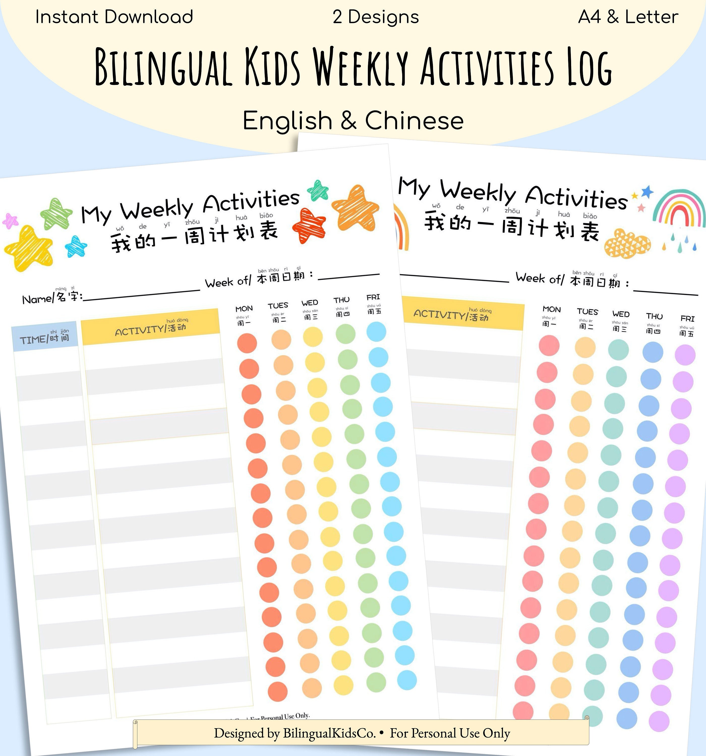 Bilingual Kids Weekly Planner Printable | Daily Activities Log ...