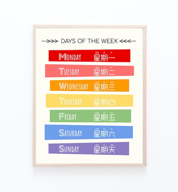 Bilingual Days of the Week Poster learn Chinese bilingual - Etsy
