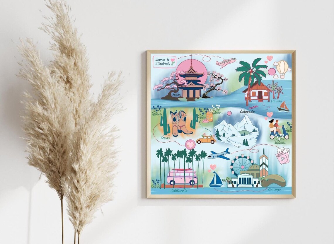 Personalised Travel Adventures Map Illustration | Colorful Travel ...