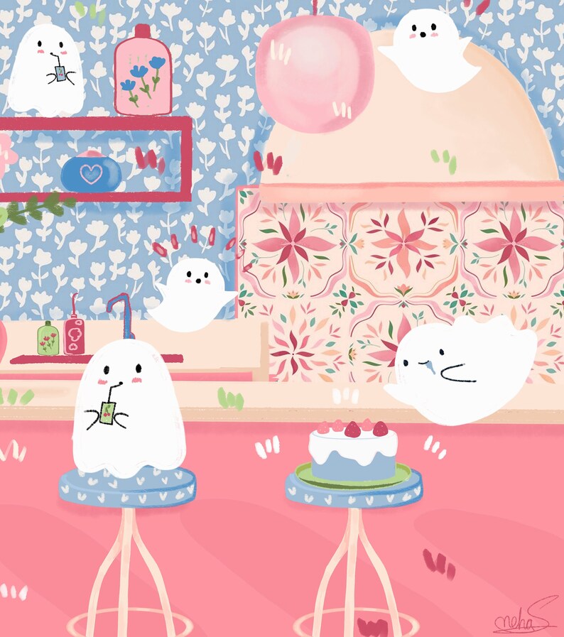 Cute Ghosts in Kitchen Printable Painting, Printable Wall Art I Digital ...