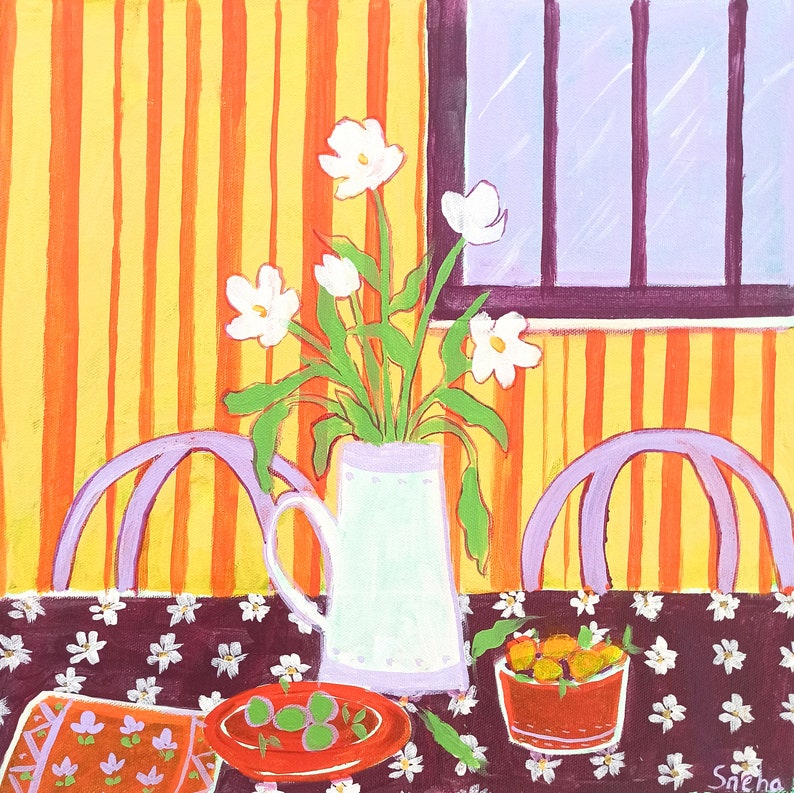 Breakfast Table Food Original Handmade Acrylic Painting, Retro Food Art ...