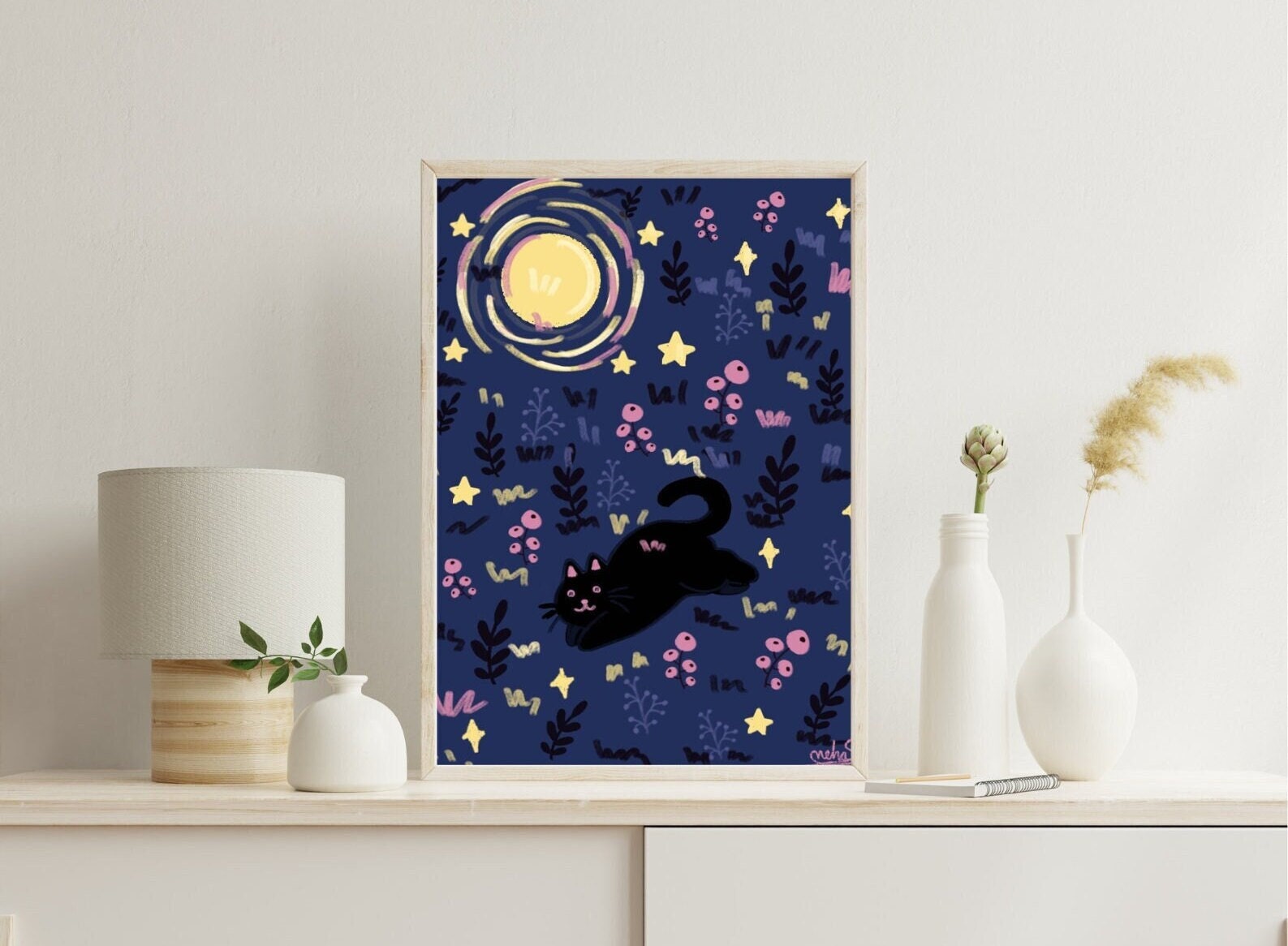 Night Cat Printable Painting, Printable Wall Decor, Printable Blue Art ...