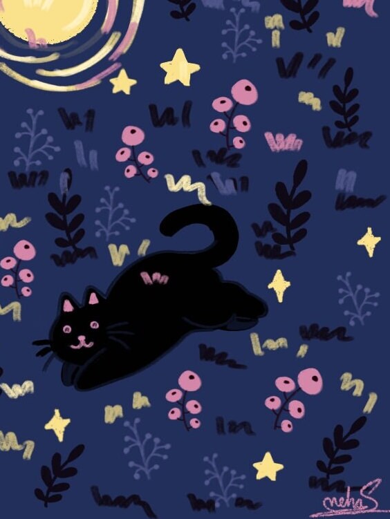 Night Cat Printable Painting, Printable Wall Decor, Printable Blue Art ...