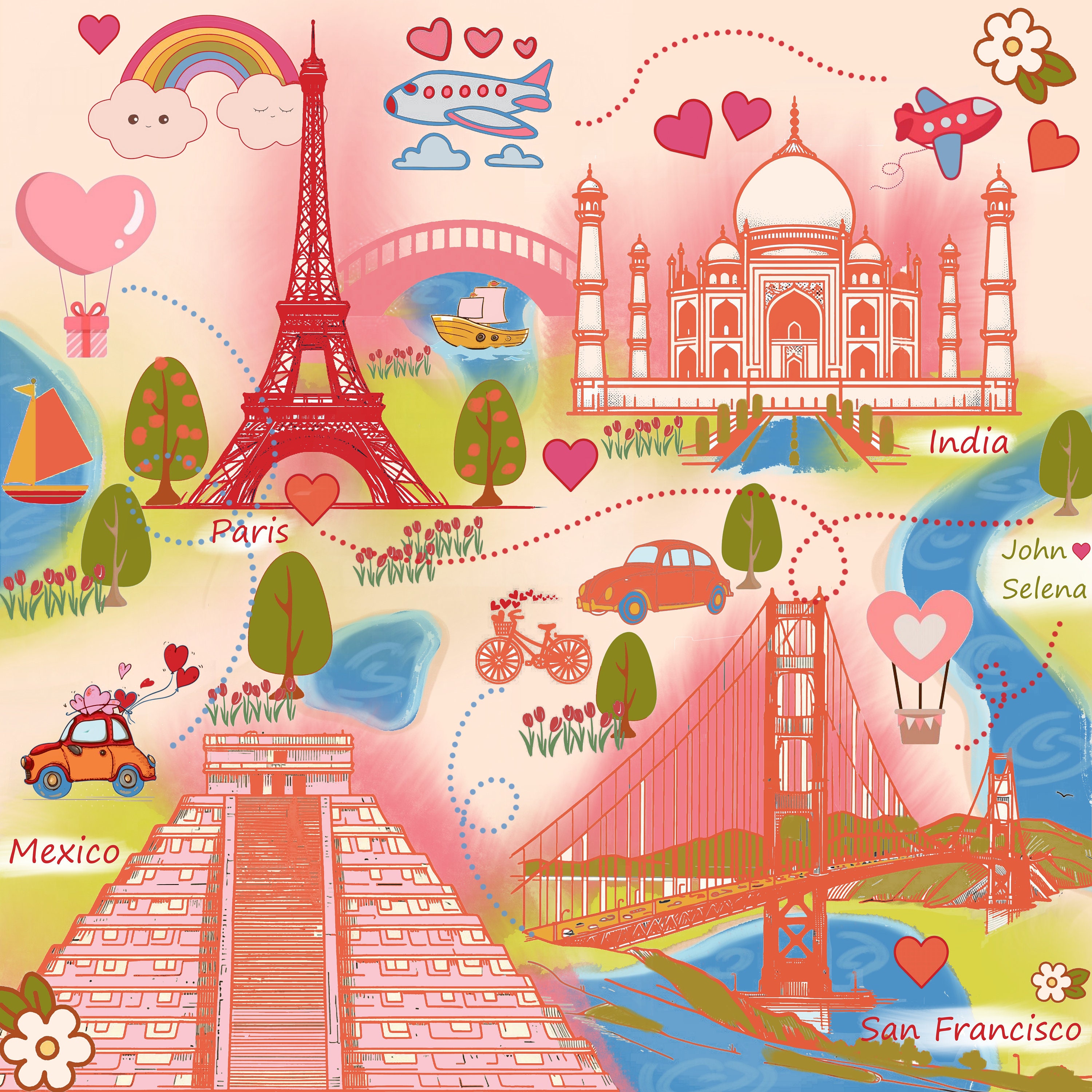 Personalised Travel Adventures Map Illustration Colorful Travel ...