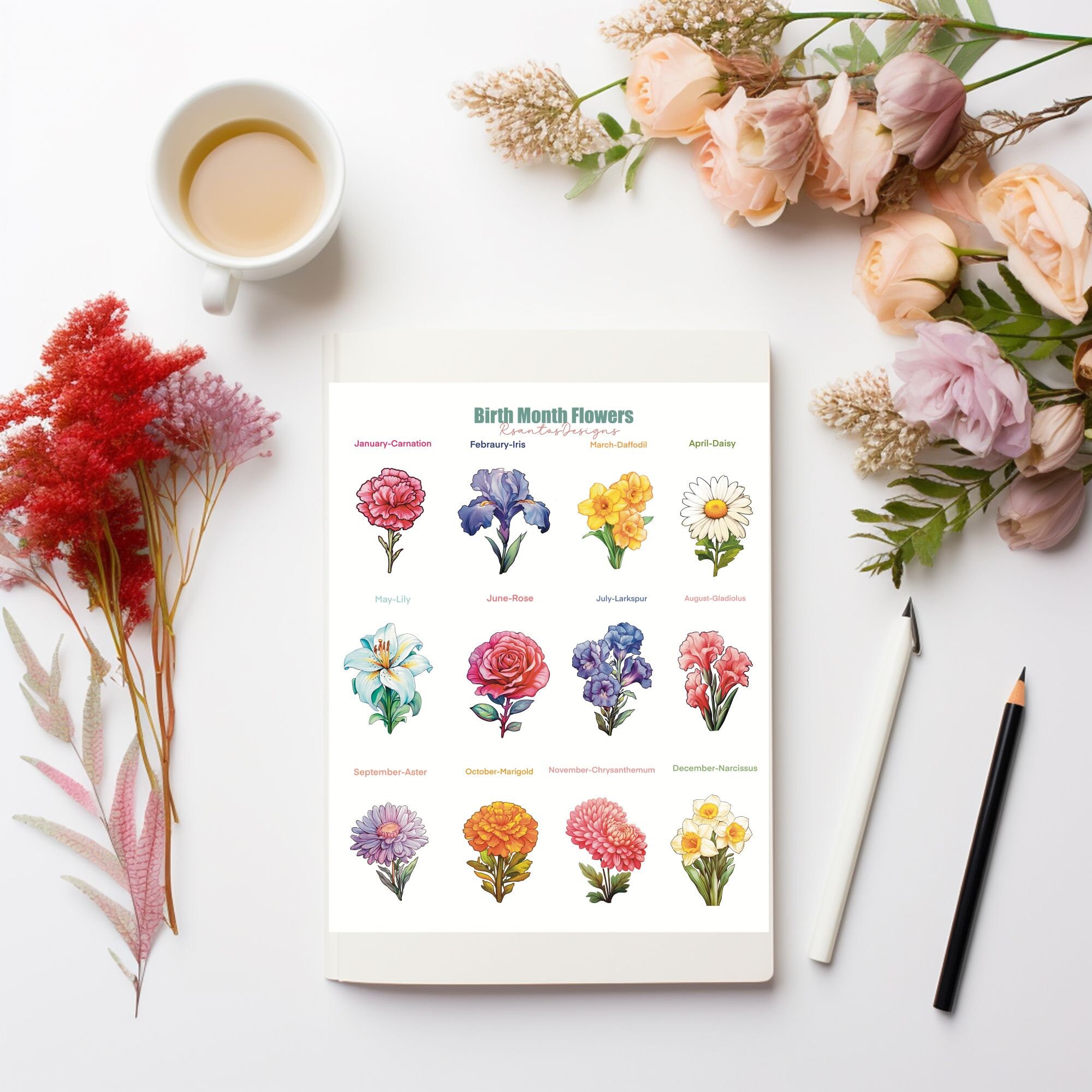Birth Month Flowers Watercolor Sticker Sheet-planner Sticker scrapbook ...