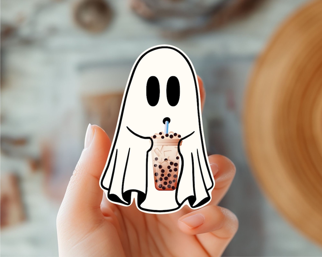 Cute Ghost Drinking Boba Tea Sticker-cute Halloween Sticker-foodie ...