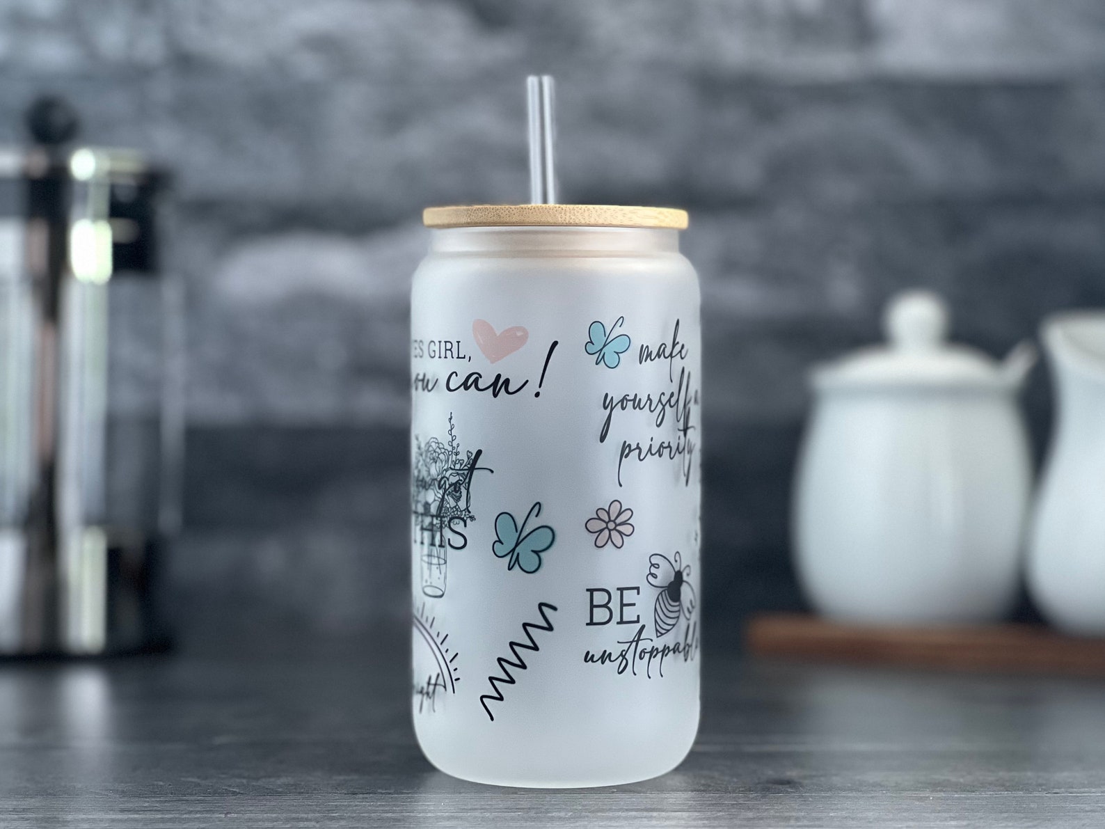 Positive Affirmations Frosted Cup, Butterfly Tumbler, Iced Coffee Cup ...