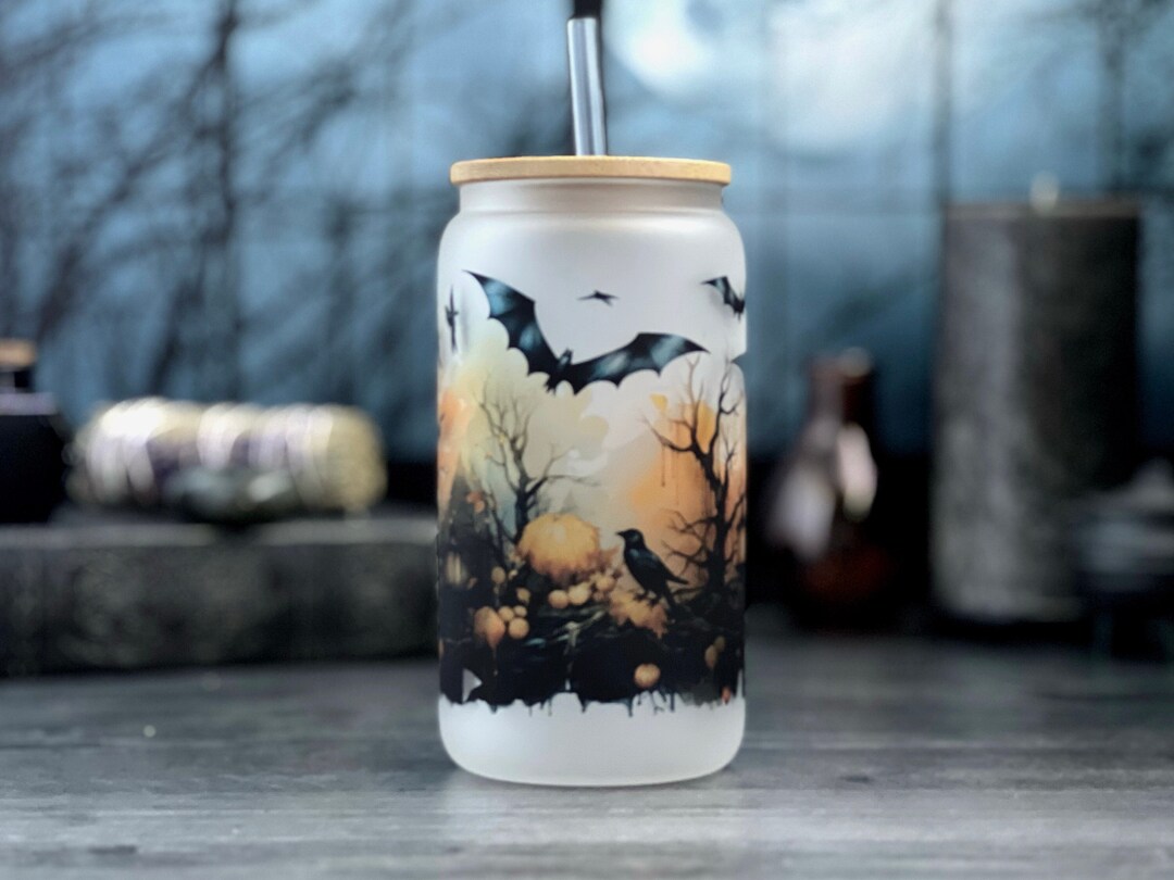 Haunted Iced Coffee Cup, Halloween Tumbler, Frosted Glass 16 Oz Can ...