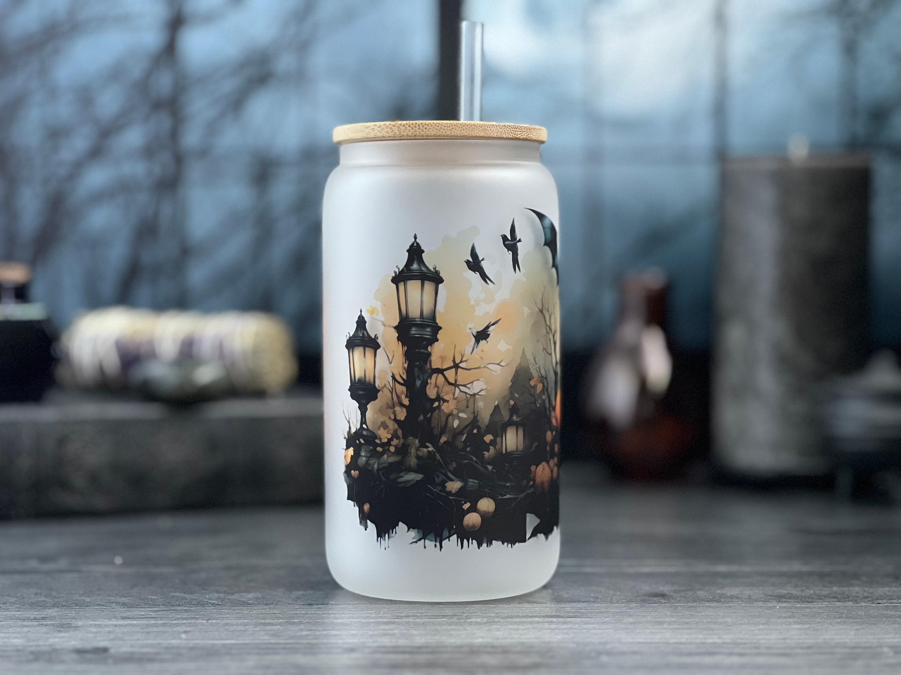 Haunted Iced Coffee Cup, Halloween Tumbler, Frosted Glass 16 Oz Can ...