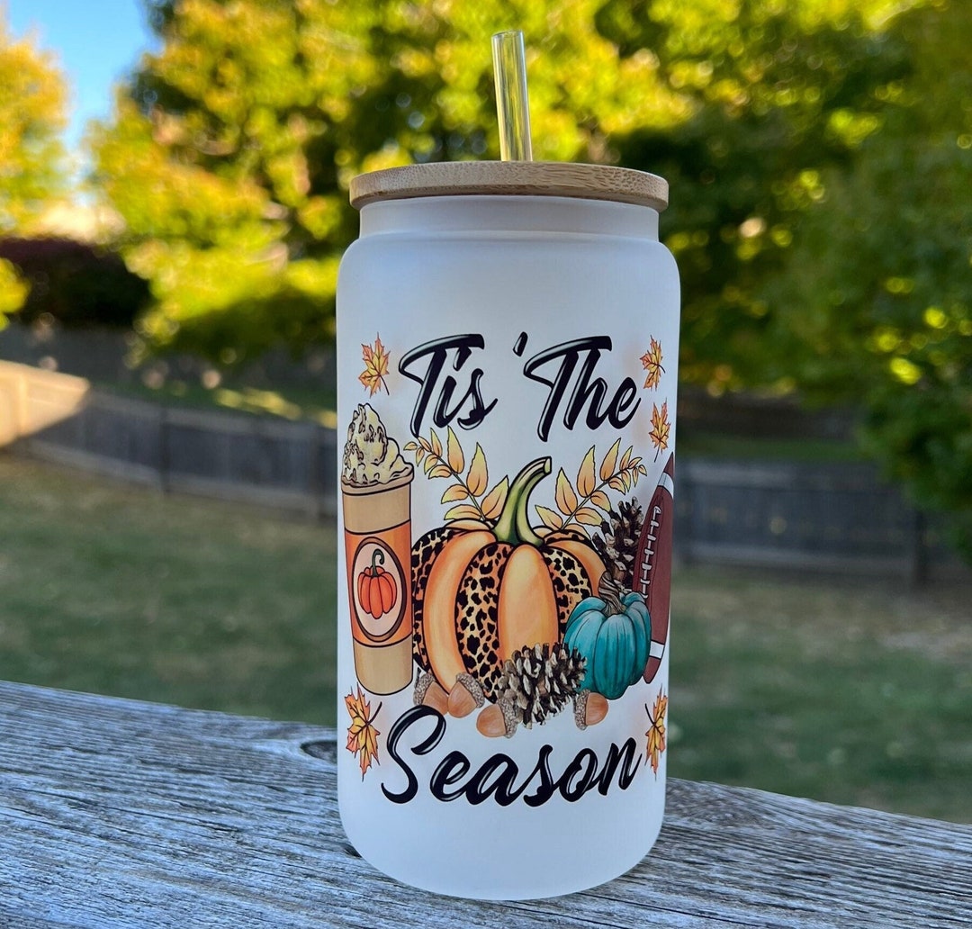 Fall Pumpkin & Football Glass Cup 16oz With Bamboo Lid and Straw - Etsy