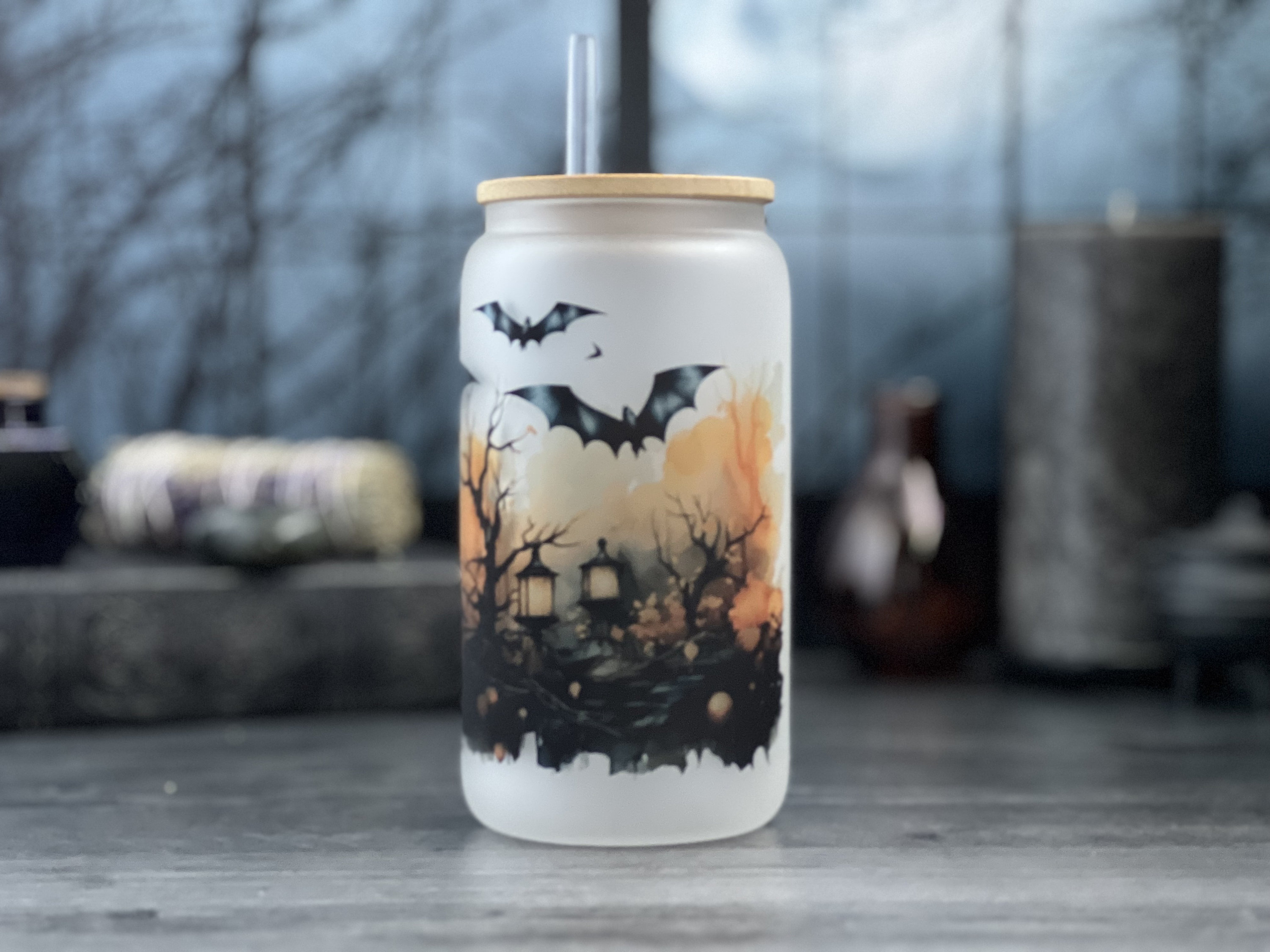 Haunted Iced Coffee Cup, Halloween Tumbler, Frosted Glass 16 Oz Can ...