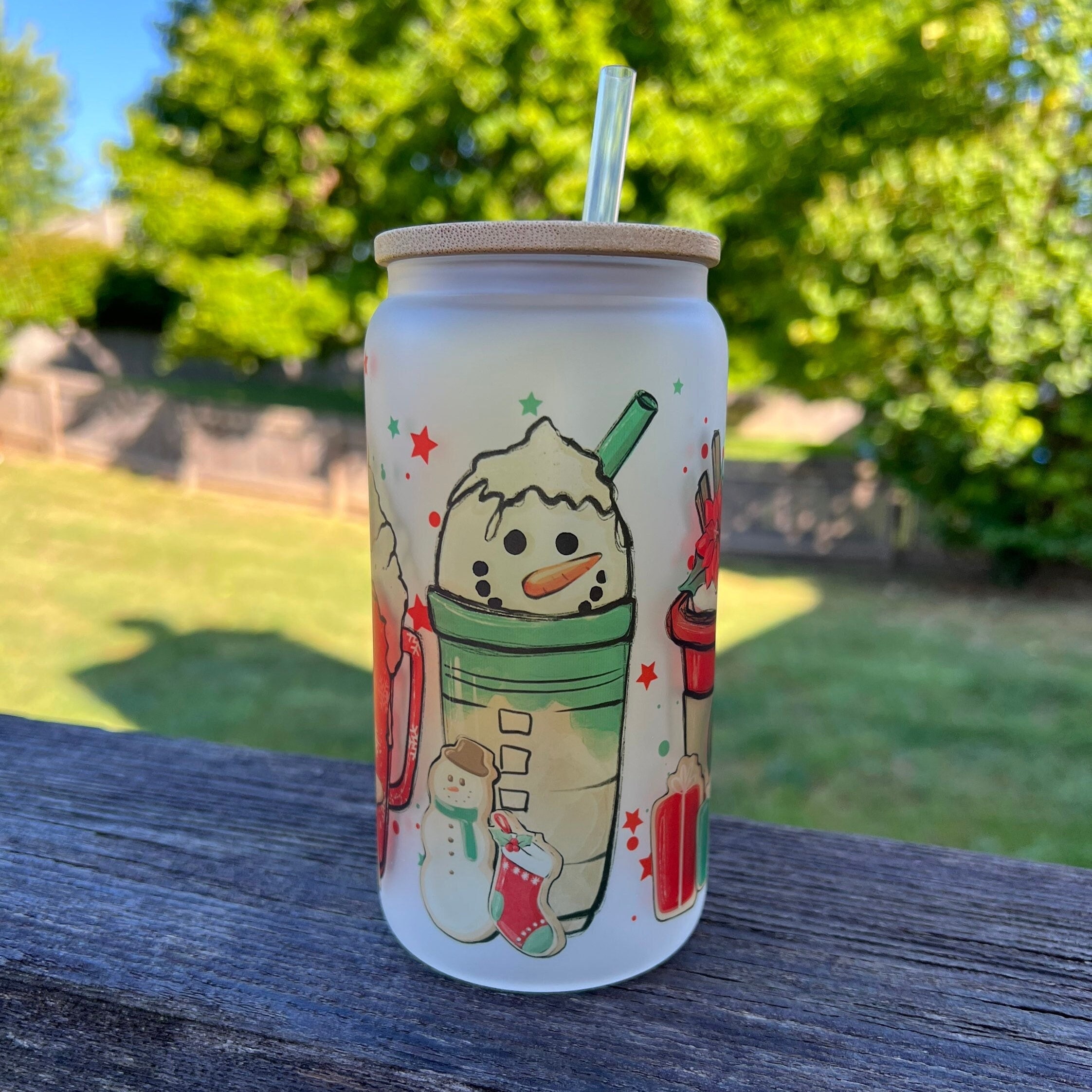 Christmas Snowman Iced Coffee Latte Frosted Glass 16 Oz Cup - Etsy