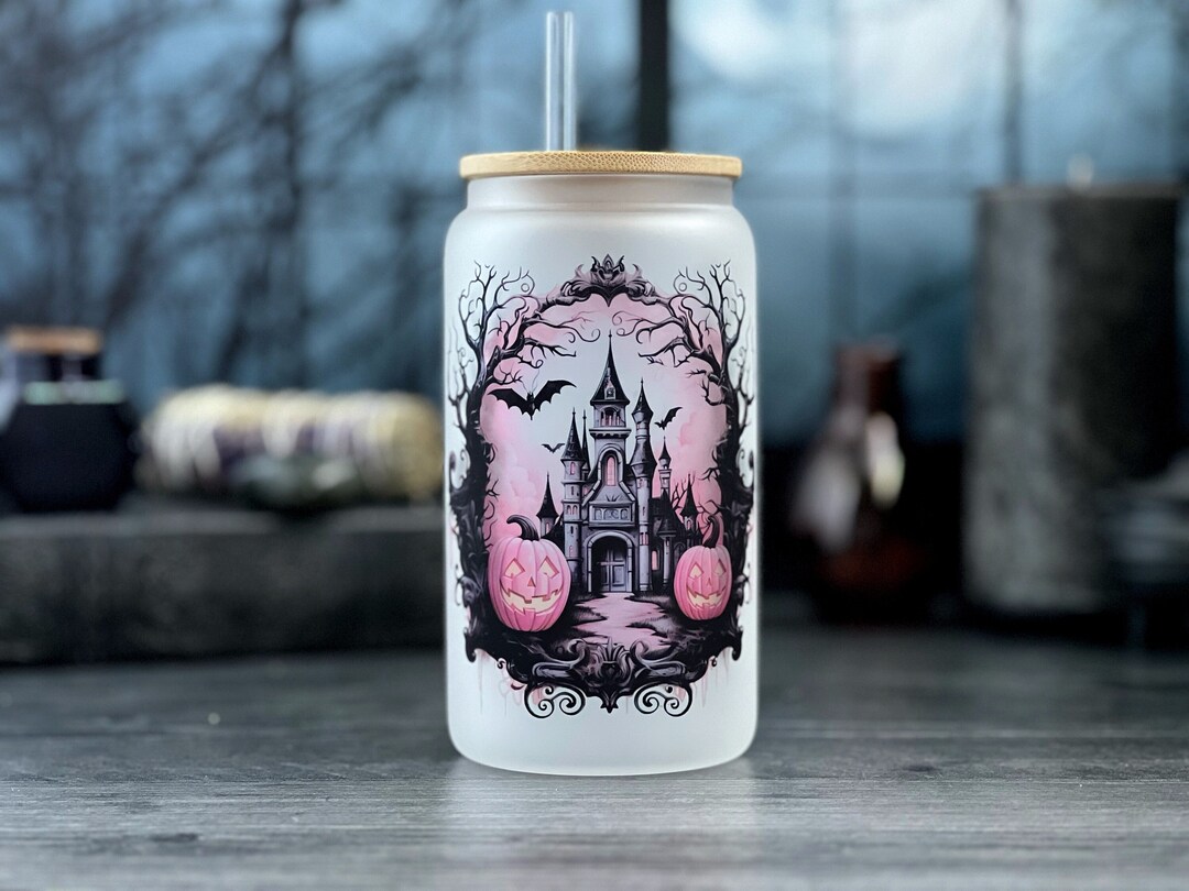 Pink Haunted House Iced Coffee Cup, Pink Halloween Frosted Glass 16 Oz ...