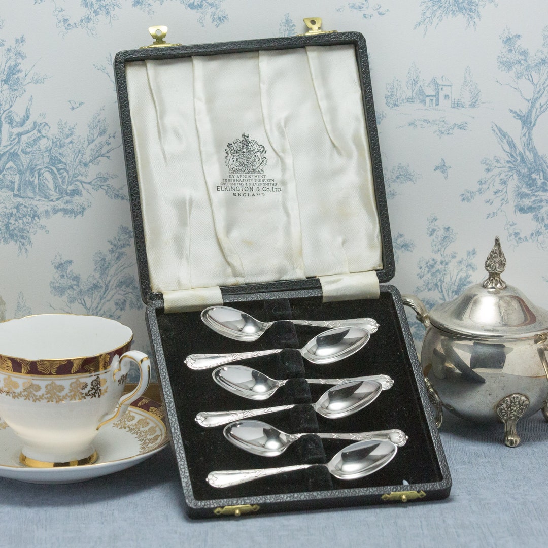 Vintage Six Teaspoon Set With Ornate Scrollwork in Box, Elkington Plate ...