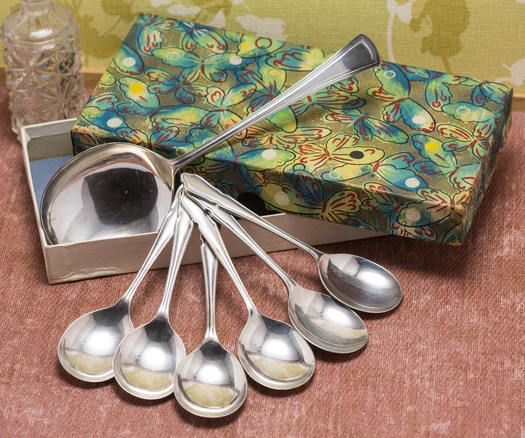 Vintage Dessert Spoon Set Six Place Plus Harlequin Serving - Etsy