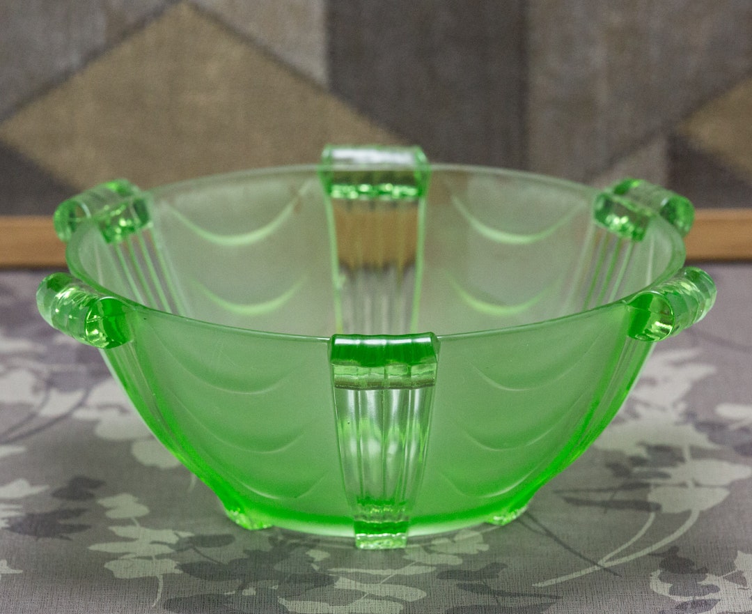 Art Deco Stolzle Glass Fruit Bowl Green Frosted and Clear - Etsy