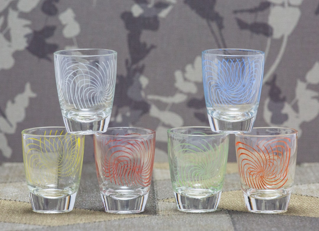 Vintage Shot Glasses, Set of Six Multicoloured Kitsch Cool Spiral ...