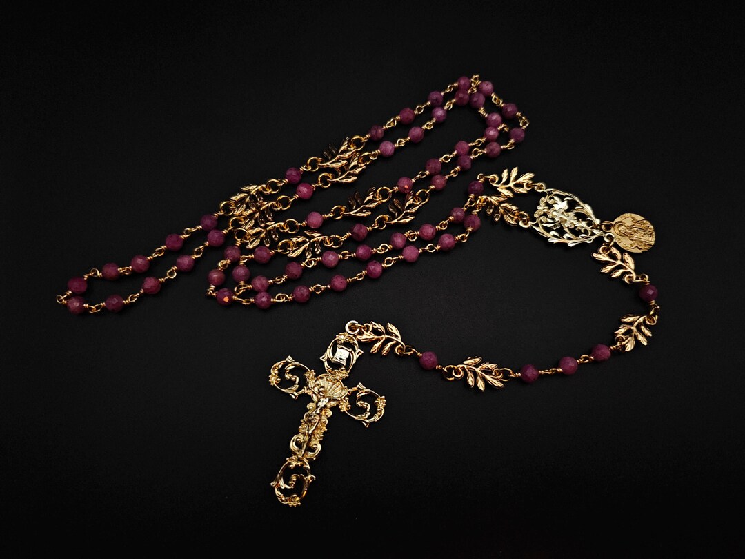 Ruby Rosary 14k Gold Plated With Sacred Heart of Jesus Medal, Natural ...