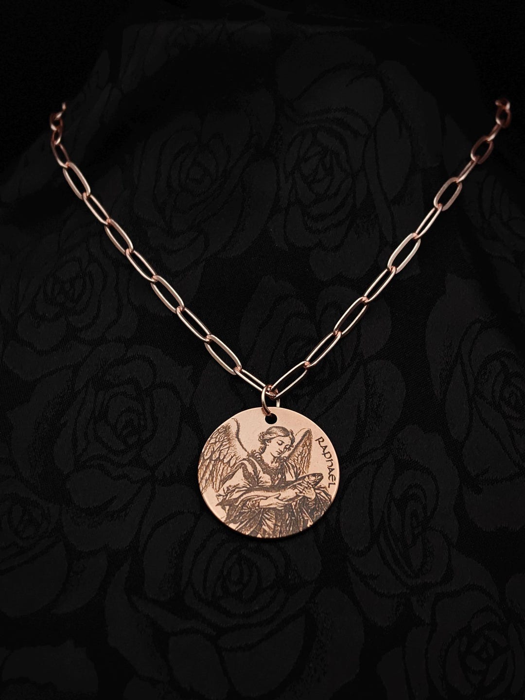 Engraved St. Raphael Rose Gold Pendant: Stainless Steel Archangel ...