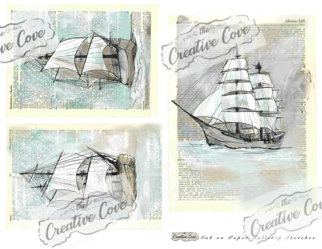Tall Ship Sketches Ink on Book Pages - Etsy