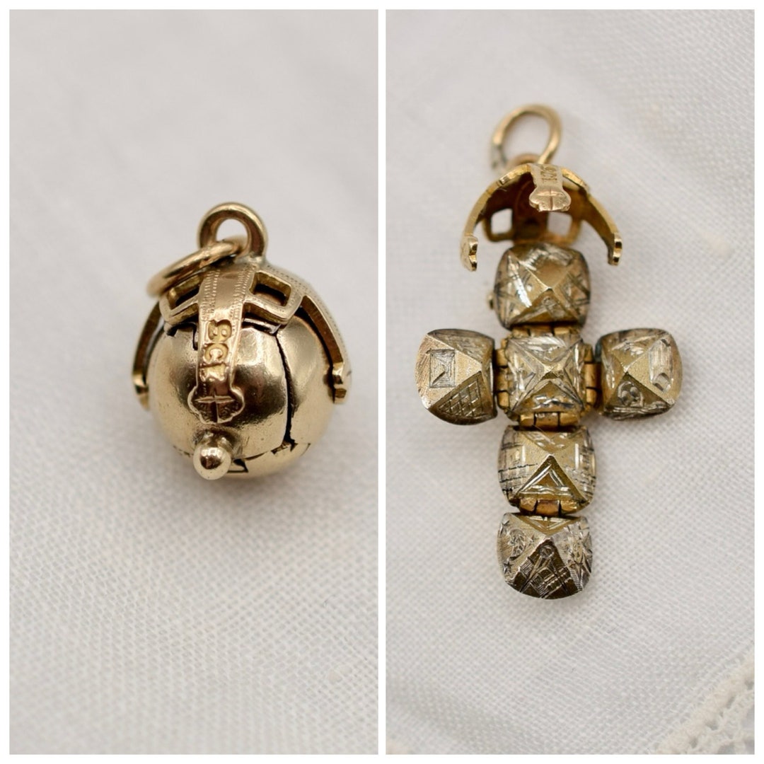Vintage 9ct Gold Freemason Opening Sphere Ball Charm With Folding Cross ...