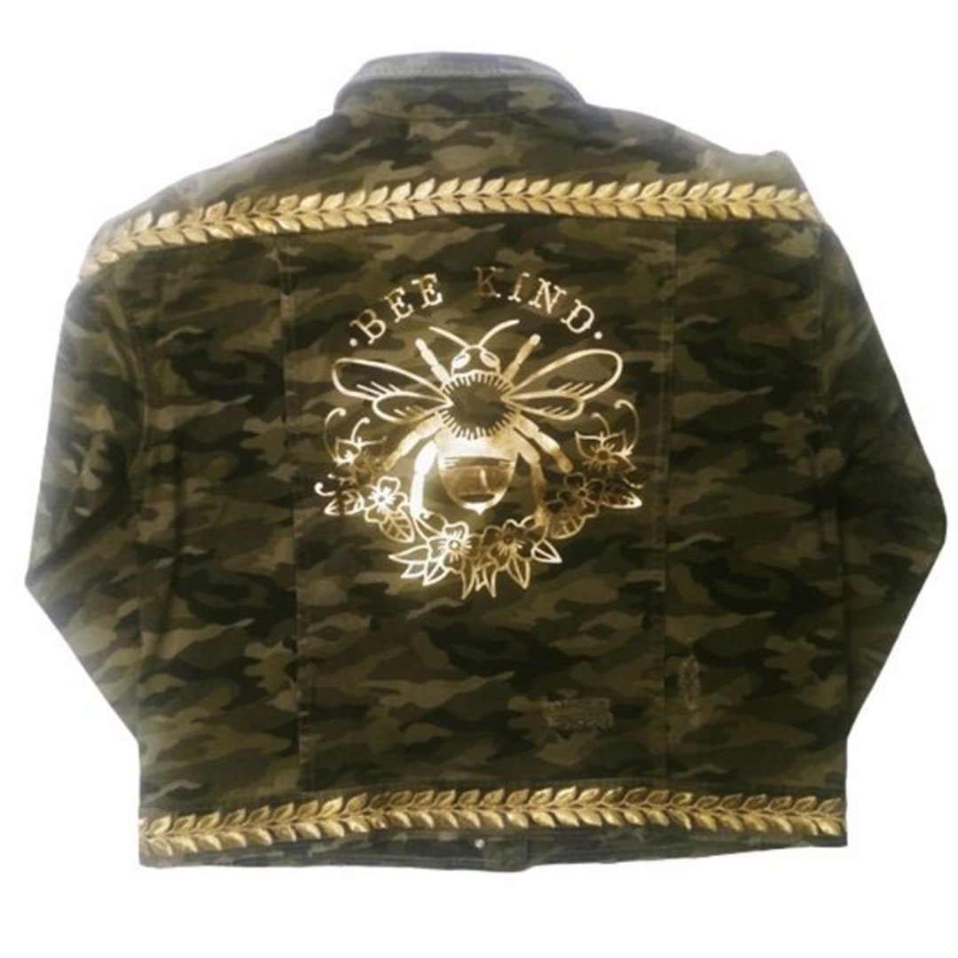 Bee Kind Camo Distressed Denim Jacket - Etsy