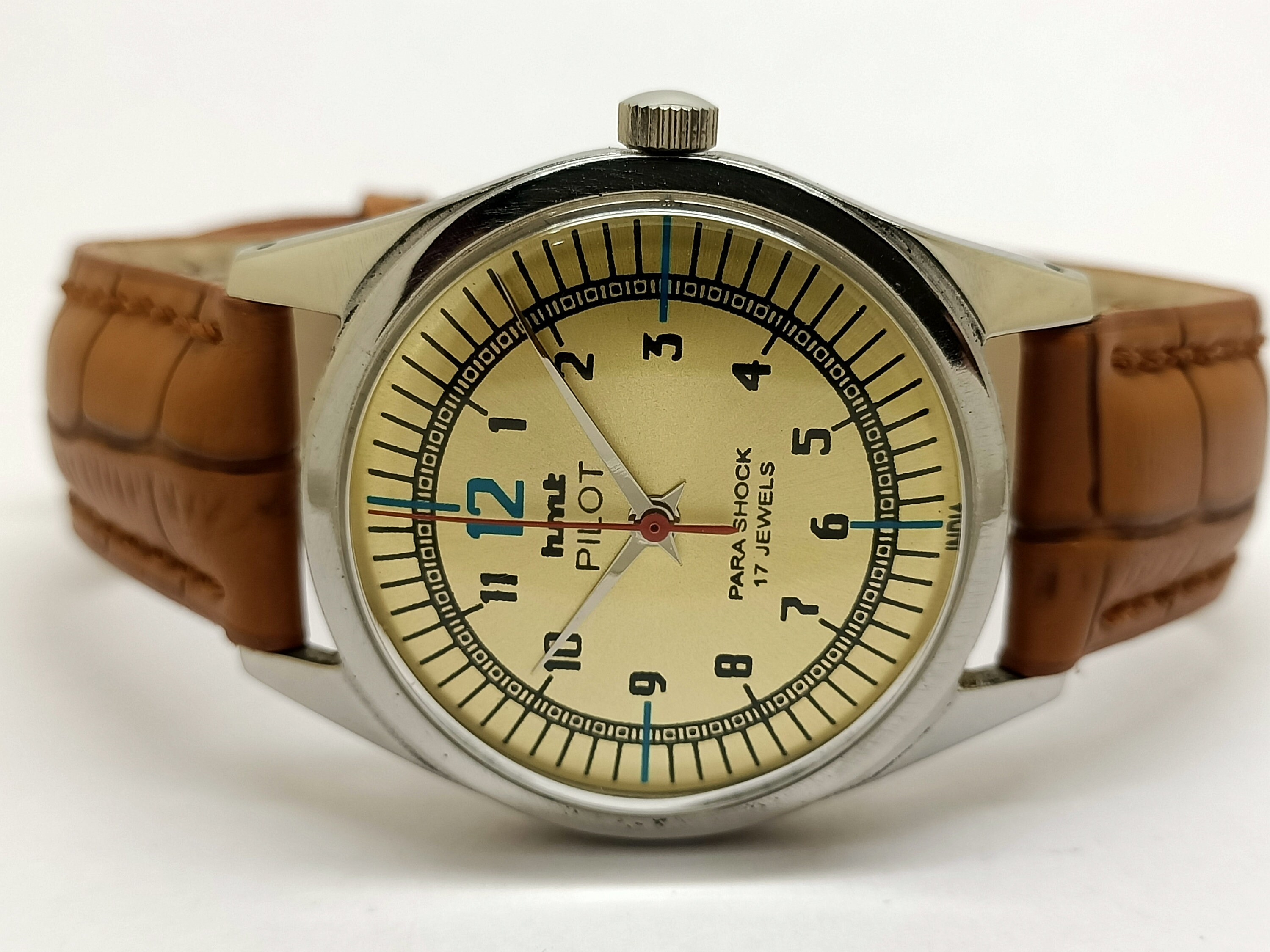 1980 Vinatage HMT Pilot Mechanical Hand Winding 17 Jewels Para Shock Golden and Black Dial India ...