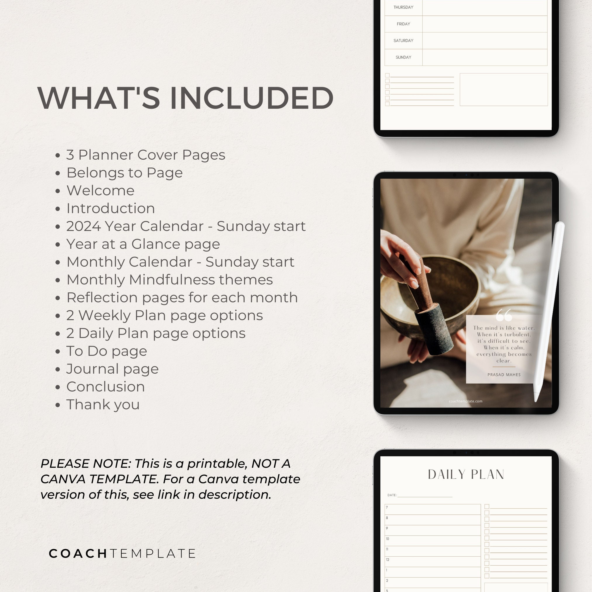 PRINTABLE Mindfulness 2024 Calendar and Planner With Monthly ...