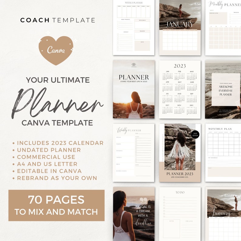 Editable 2023 Calendar Planner Canva Template | Undated Monthly Weekly ...