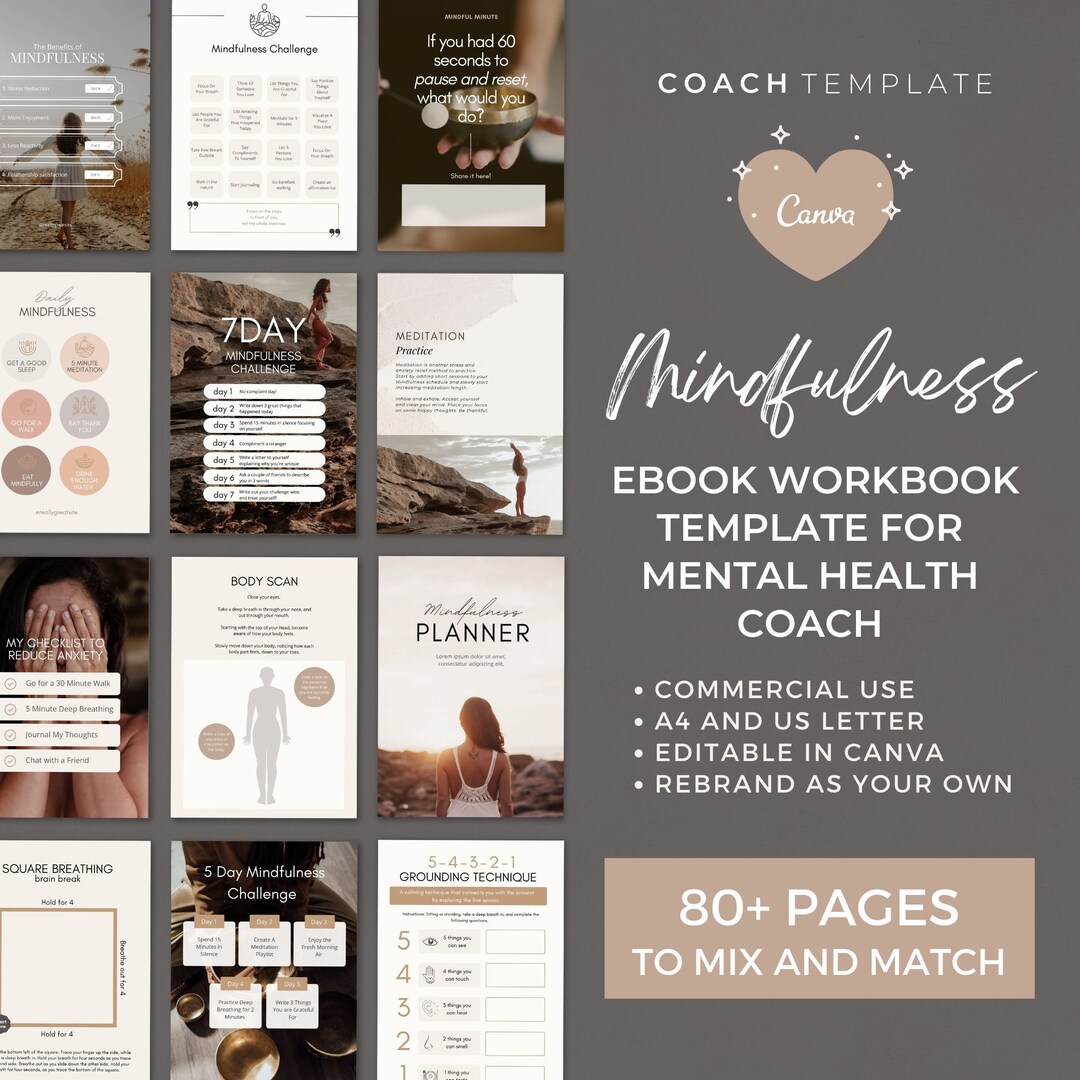 Mindfulness Ebook Workbook Coaching Template | Canva Template | for Mental Health Coach ...