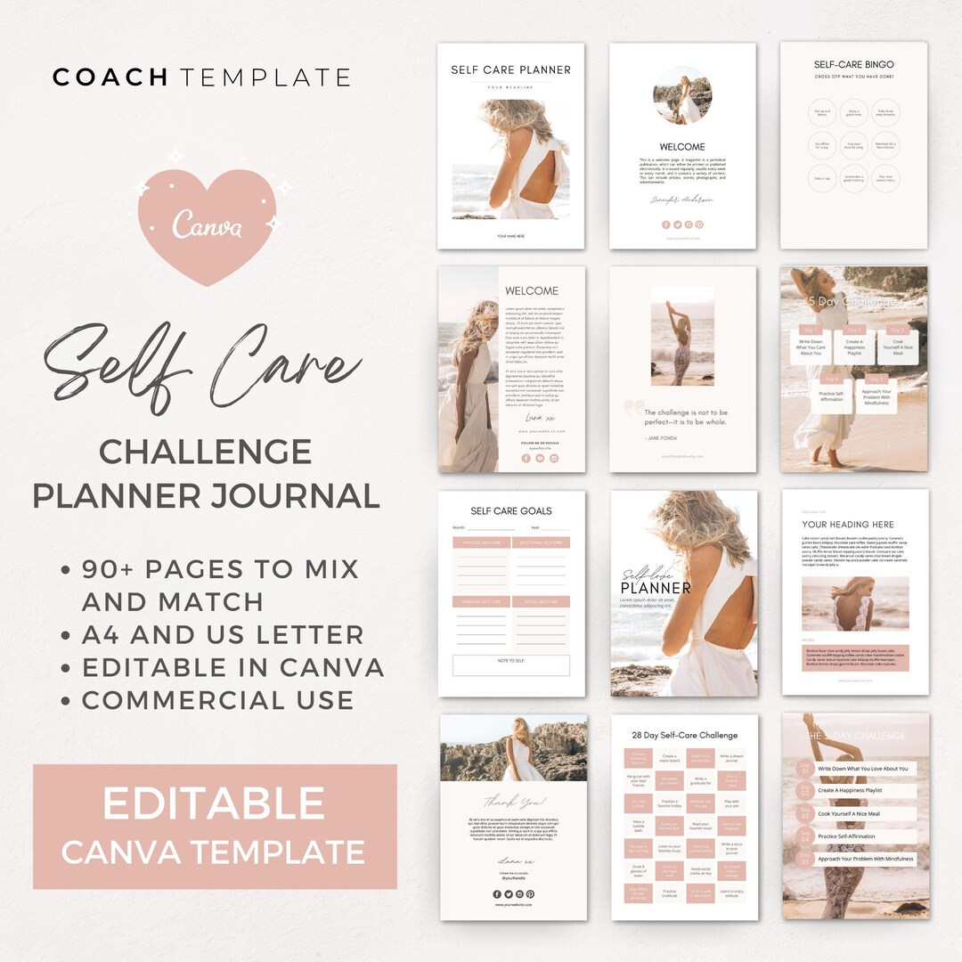 Editable Self Care Challenge Planner Journal Canva Template | Workbook ...