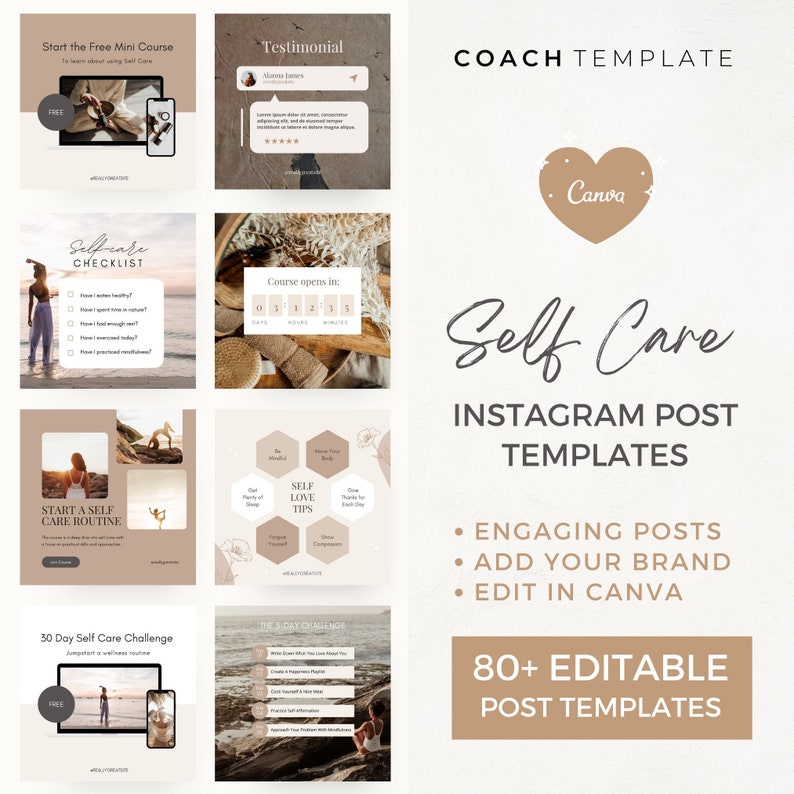 Editable Self Care Instagram and Social Media Posts Canva Template ...