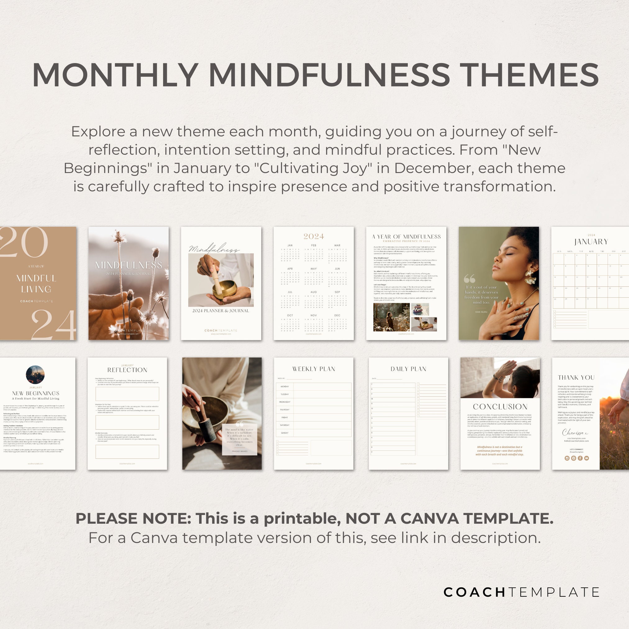 PRINTABLE Mindfulness 2024 Calendar and Planner With Monthly ...