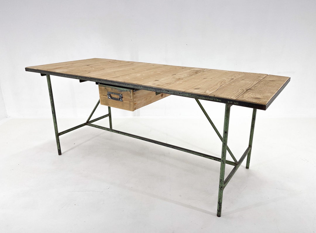 Vintage Industrial Iron & Wood Table With Drawer / Industrial Dining ...