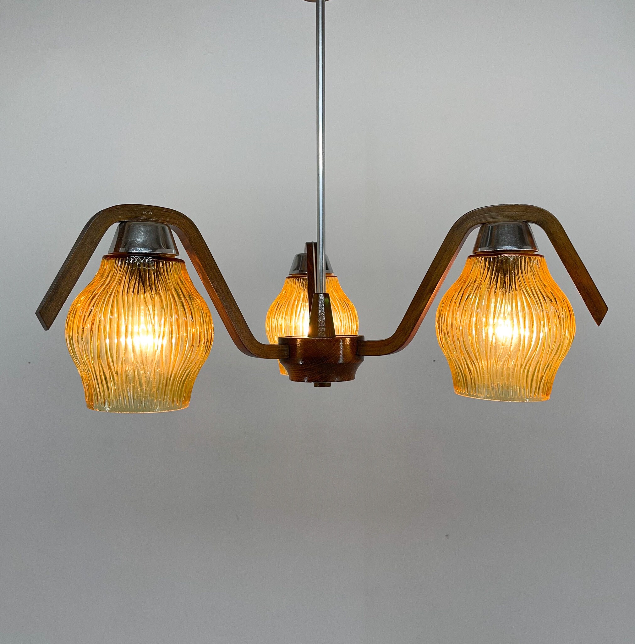 Mid-century Wood & Glass Chandelier by Dřevo Humpolec, 1960's / Three ...