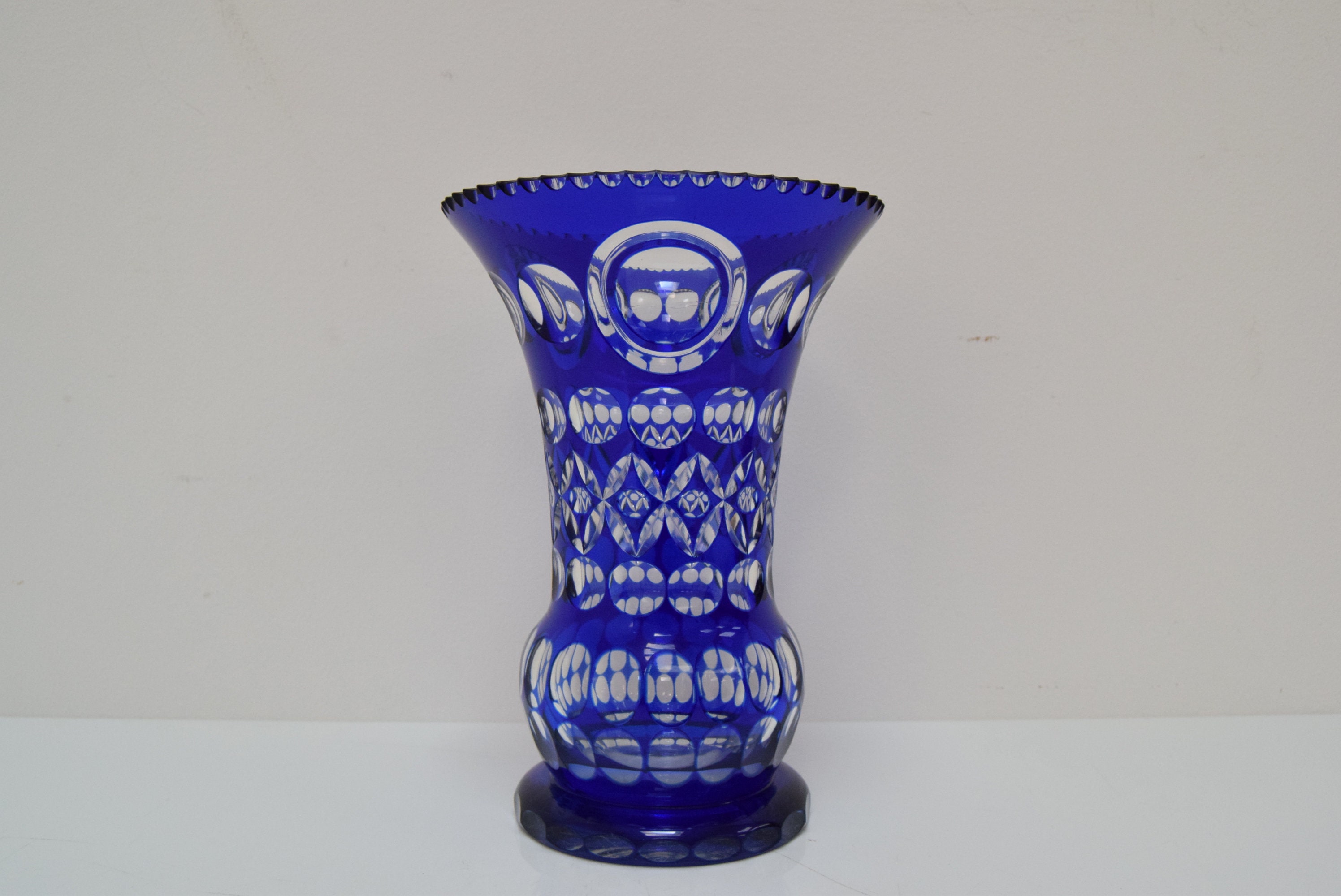 Hand Cut Lead Crystal Cobalt Blue Vase by Caesar Crystal Bohemiae Co ...