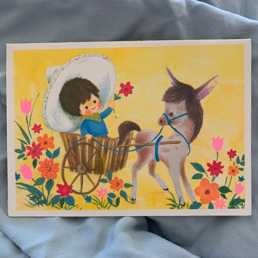 Donkey Greeting Card // Burro // Flowers // Cart // Blank Card - Etsy