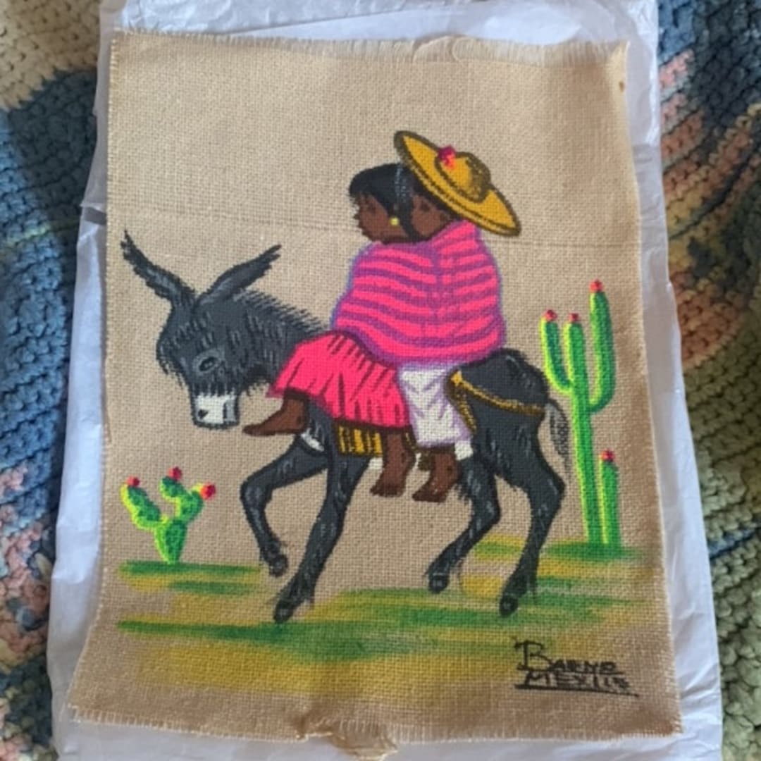 Vintage Signed Mexican Donkey Painting on Burlap A Fluorescent ...