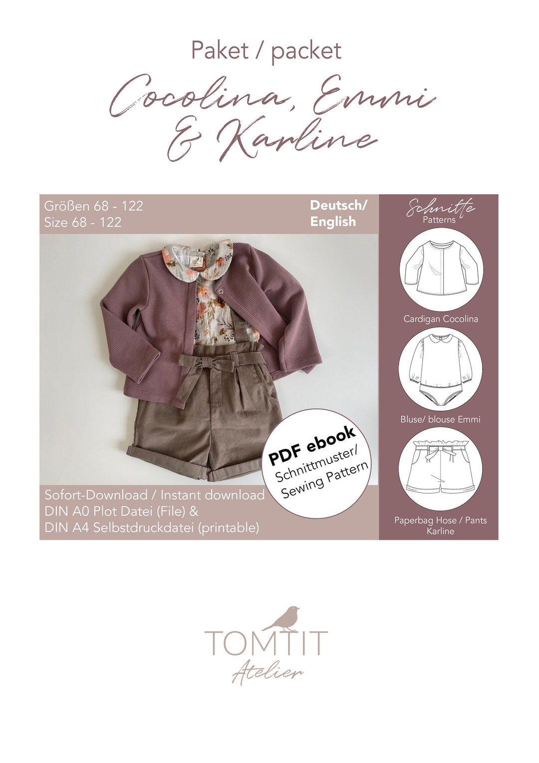 PDF Sewing Pattern for Cardigan, Peter Pan Collar Blouse and Paperbag ...