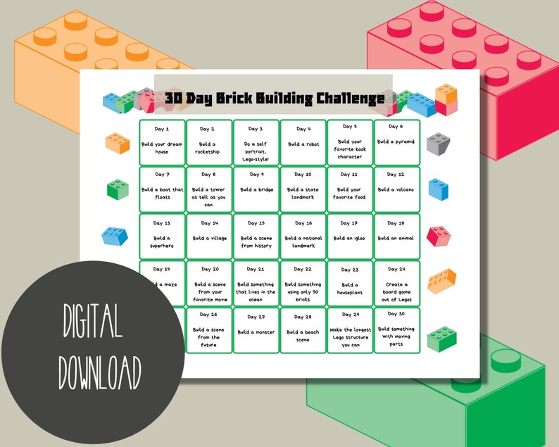 Printable 30 Day Brick Building Challenge Boredom Buster - Etsy