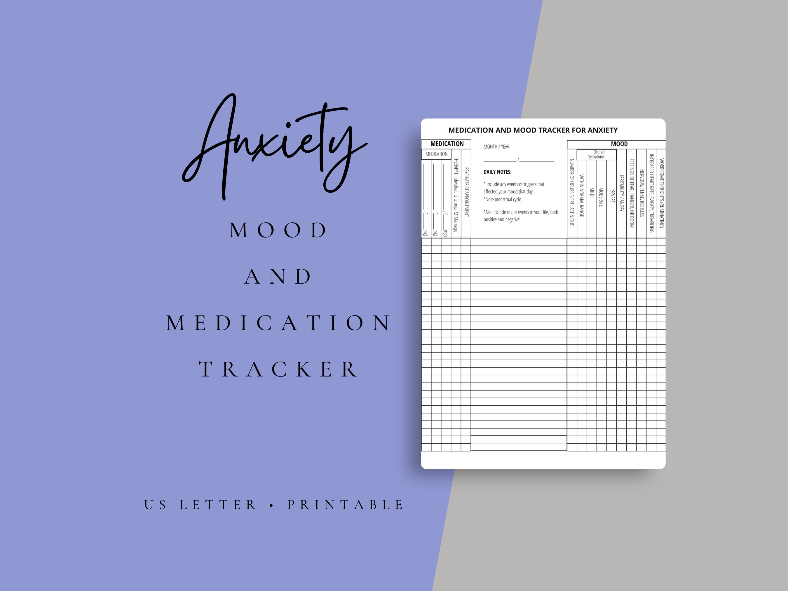 Anxiety Mood & Medication Tracker: Mental Health Journal (PDF Download ...